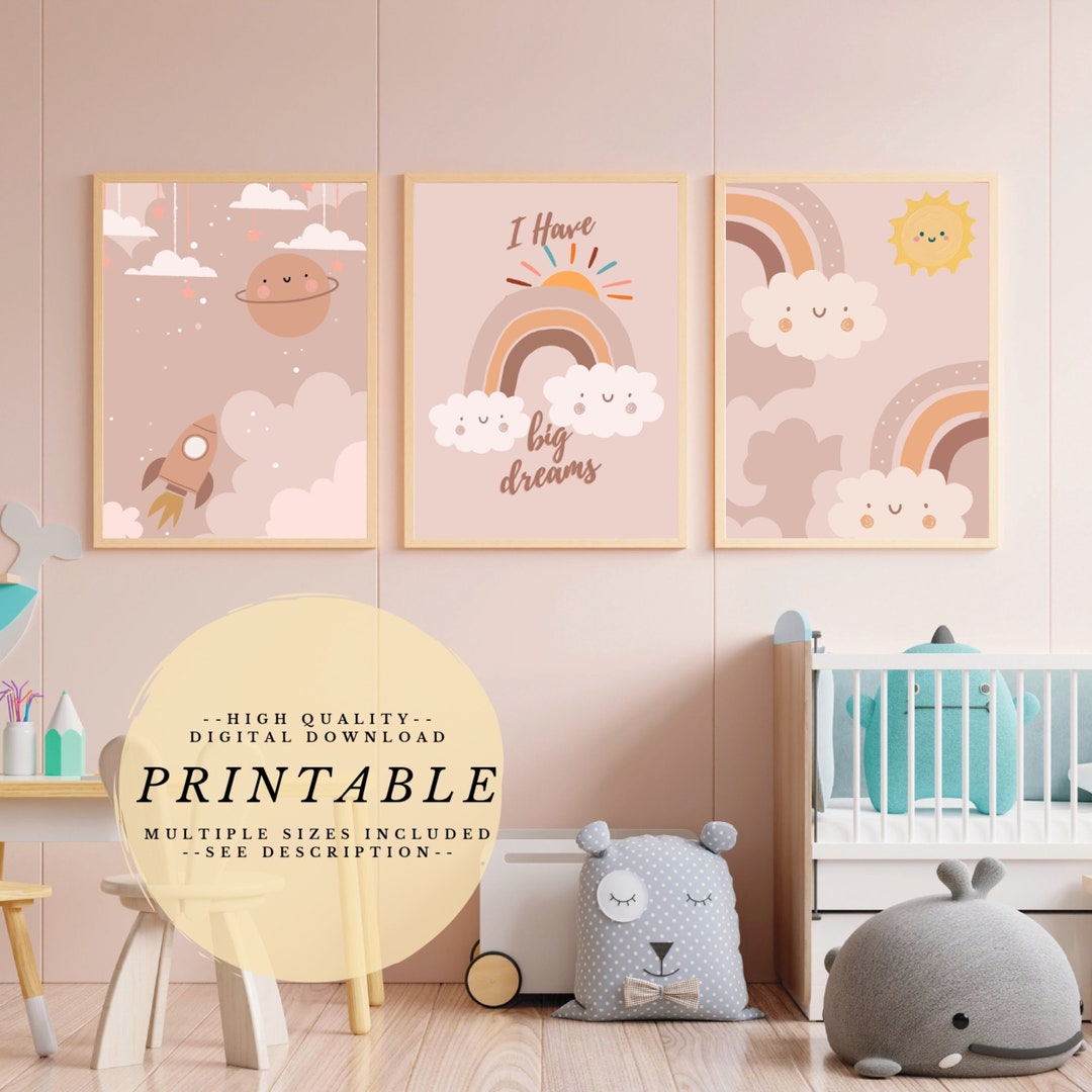 Boho Rainbow Set of 3 Nursery Art Prints, Space Theme Printable Wall ...