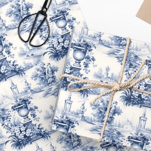 French Toile Wrapping Paper, Blue Chinoiserie Paper Roll, Shabby Chic ...