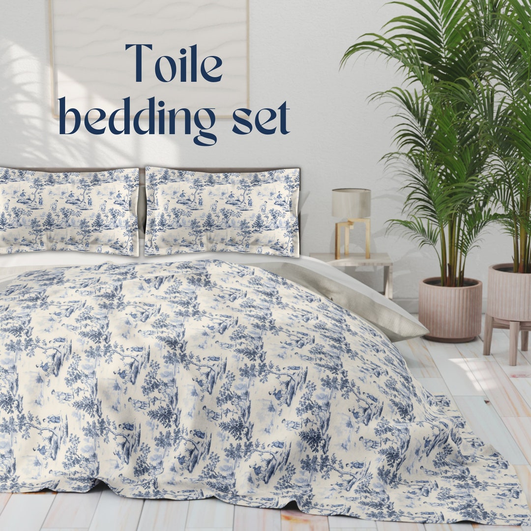 Blue Toile Bedding Set With Toile De Jouy Blanket and Matching Pillow ...