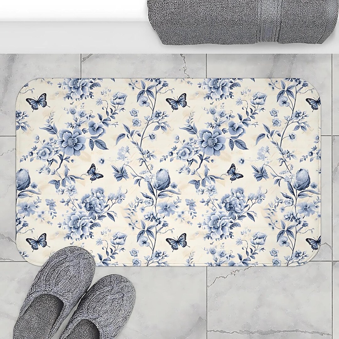 Blue Floral Bath Mat, French Country Cottage Bathroom Decor, Preppy ...