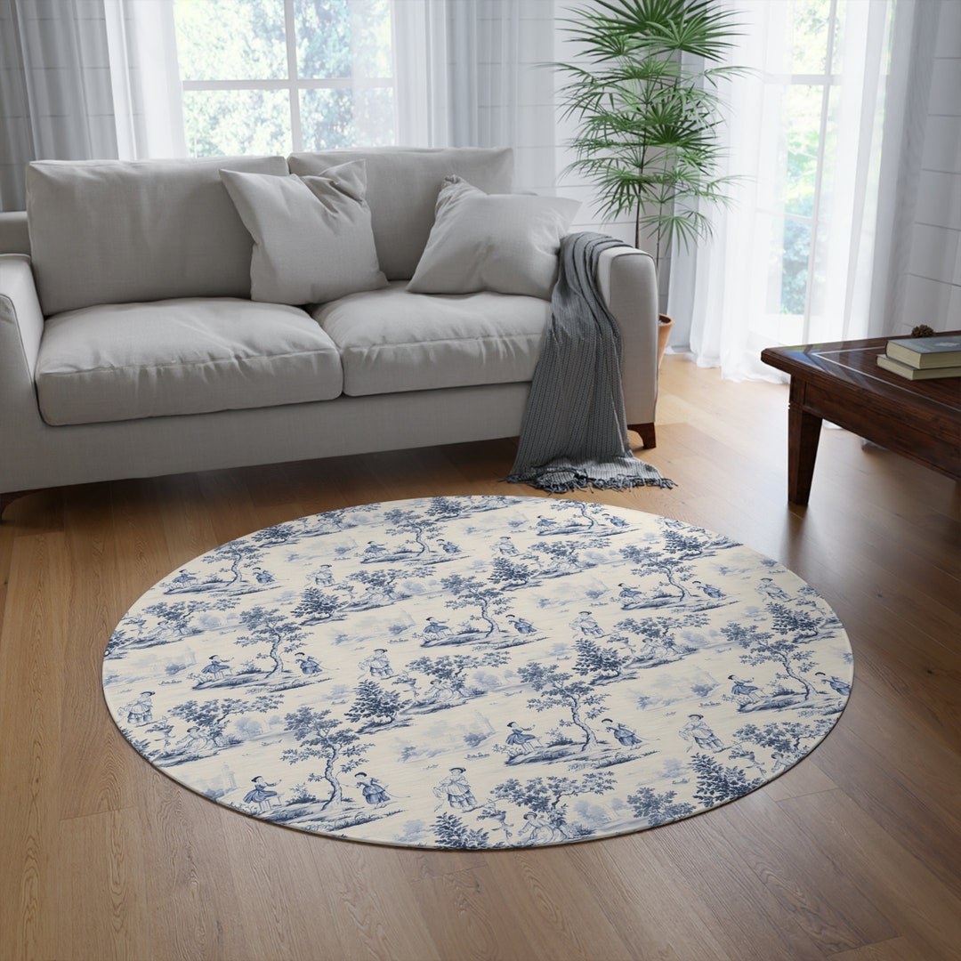 Round Rug With French Toile De Jouy Blue and White Patterns, Spring ...