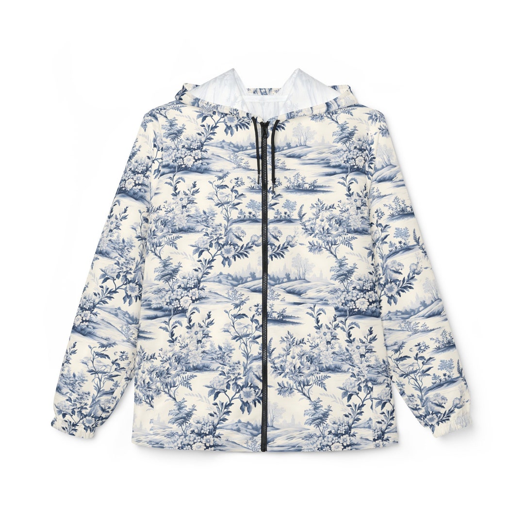 Blue Floral Rain Jacket With Hood, Blue Toile Windbreaker Jacket ...