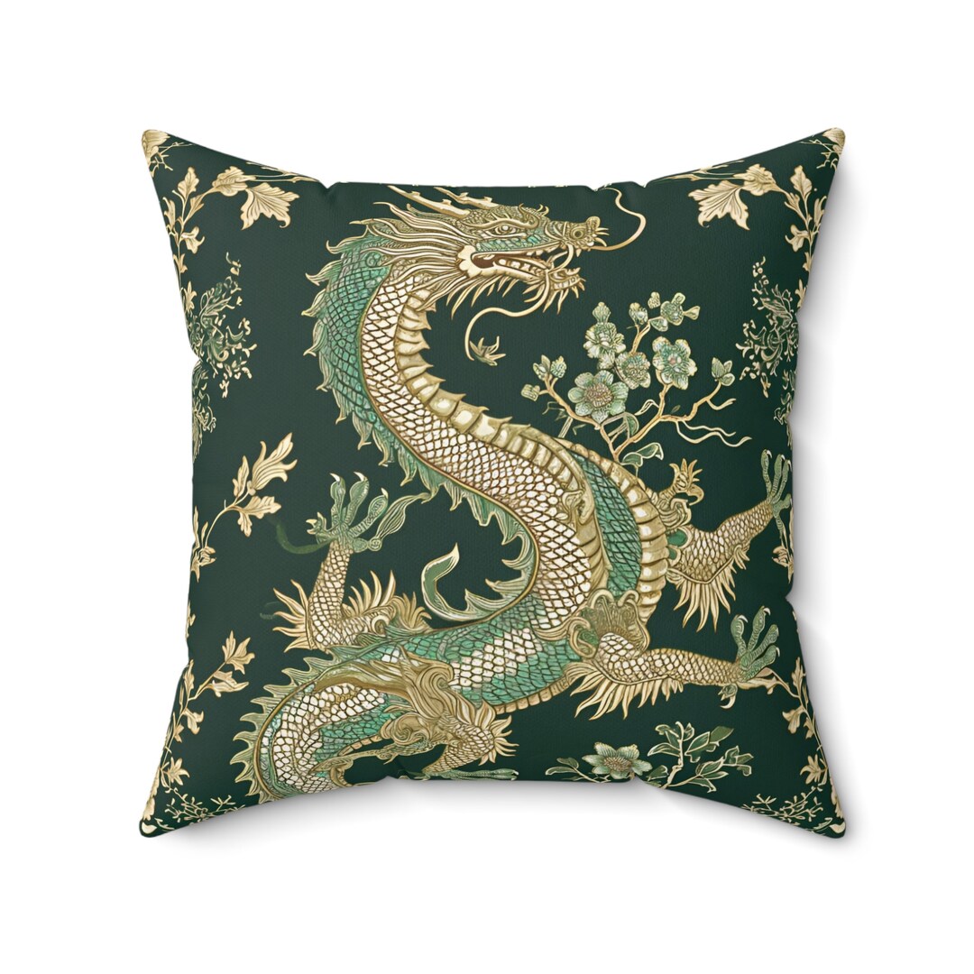 Green and Gold Asian Dragon Pillow, Green and Black Chinoiserie Pillow ...
