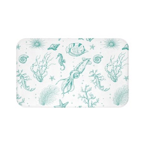 Green Vintage Sealife Nautical Bath Mat, Memory Foam Bath Mat, Retro ...