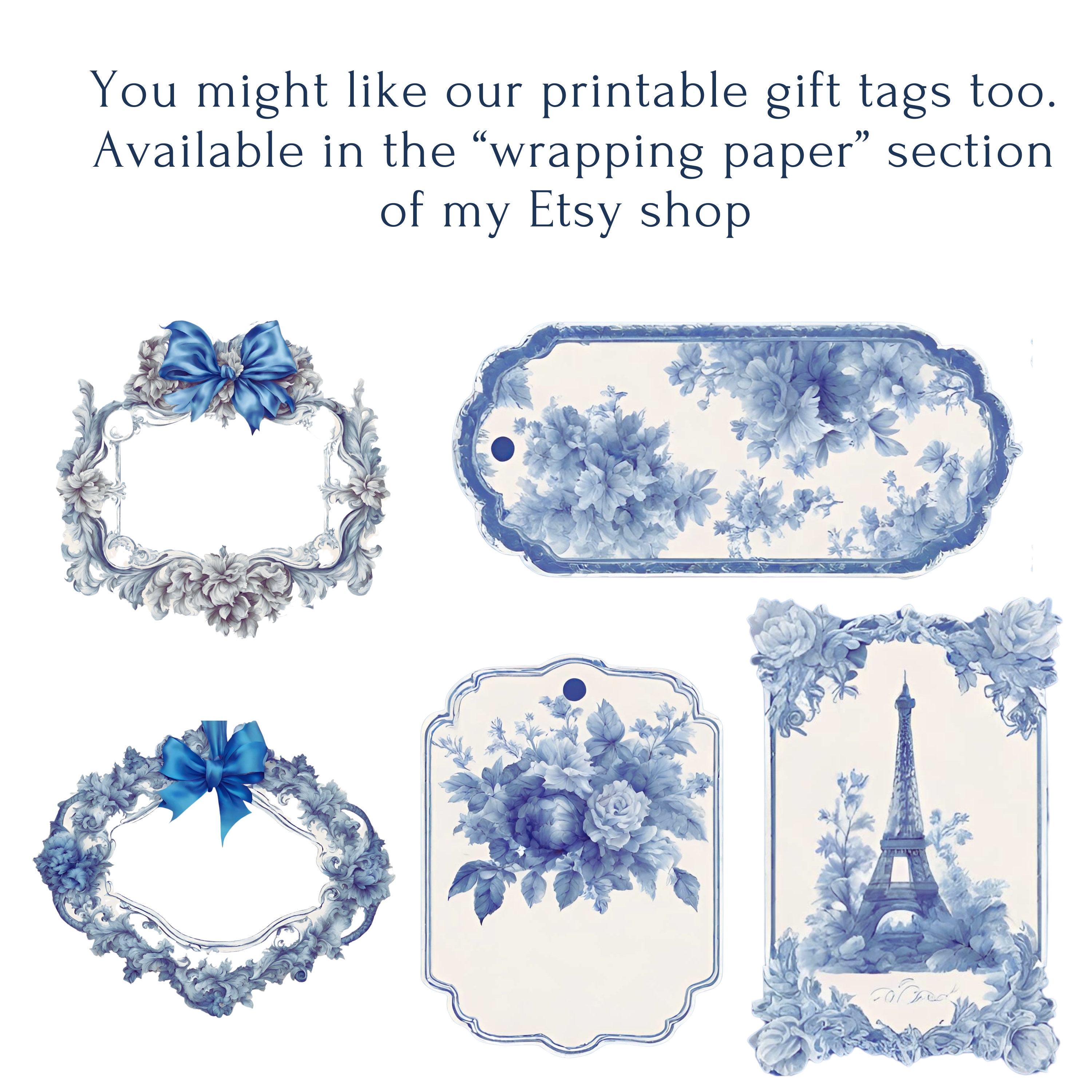 French Toile Wrapping Paper, Blue Chinoiserie Paper Roll, Shabby Chic ...