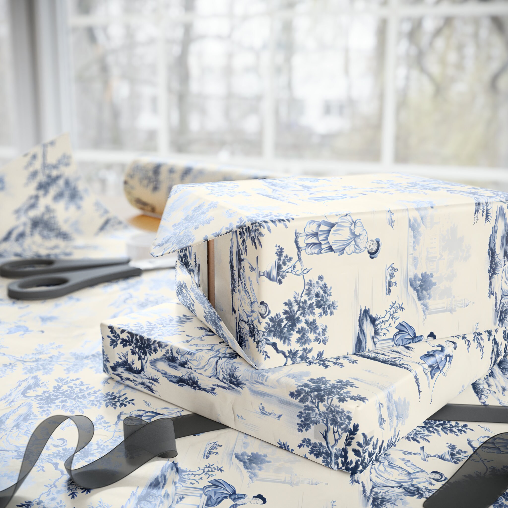 French Toile Wrapping Papers, Blue Toile De Jouy Gift Wrap, Toile Paper ...