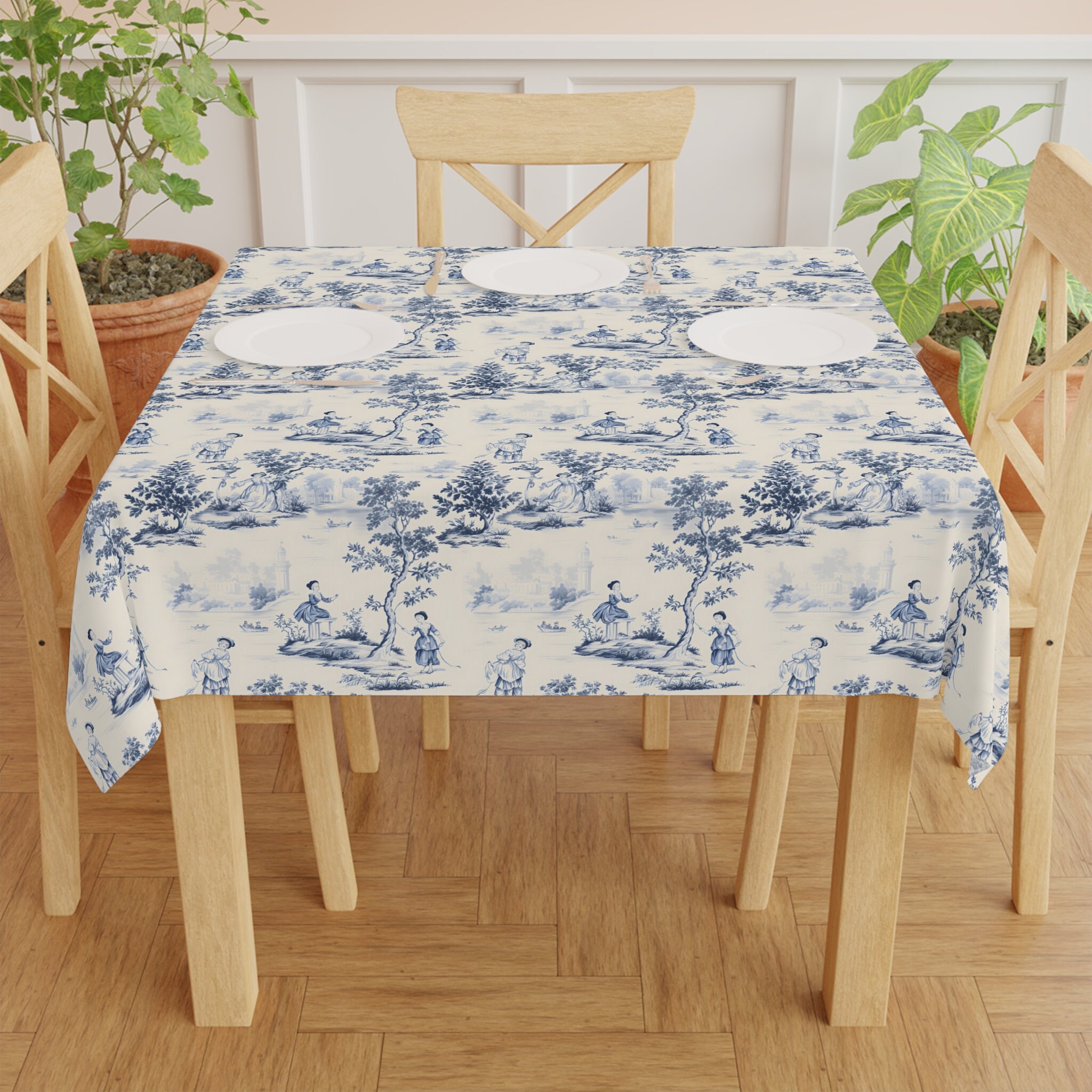 French Toile Tablecloth, Blue Toile Round Table, Blue Chinoiserie Table ...