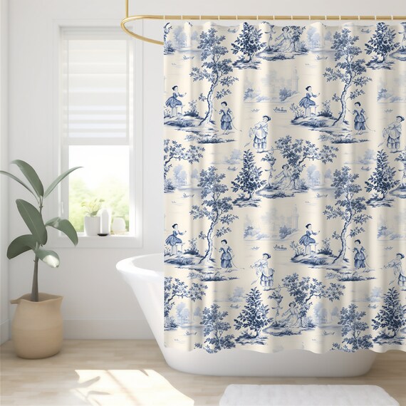 Toile De Jouy Shower Curtains Blue Pastoral Curtain Provincial Shabby Chic Bathroom Blue Bathroom French Country Farmhouse Washable Etsy