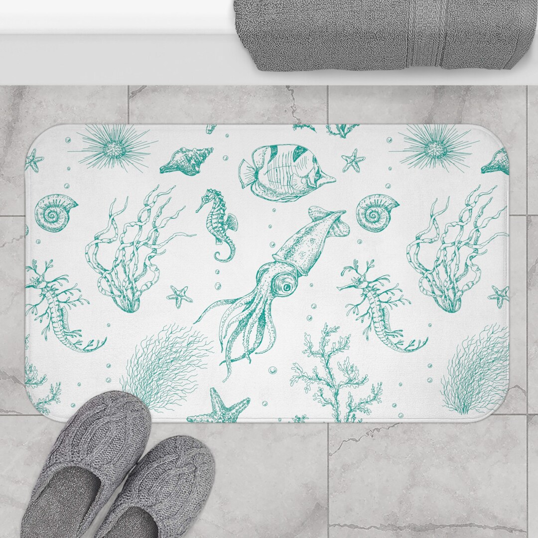 Green Vintage Sealife Nautical Bath Mat, Memory Foam Bath Mat, Retro ...