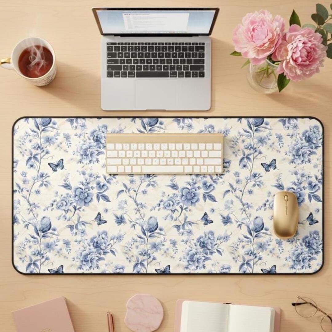 Blue Toile Desk Mat, Preppy Floral Home Office Decor, Teen Girl Bedroom ...