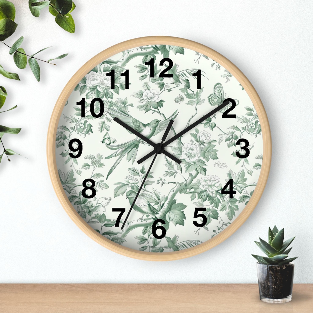 Chinoiserie Wall Clock, Sage Green Wooden Clock, Bird Floral Decor ...