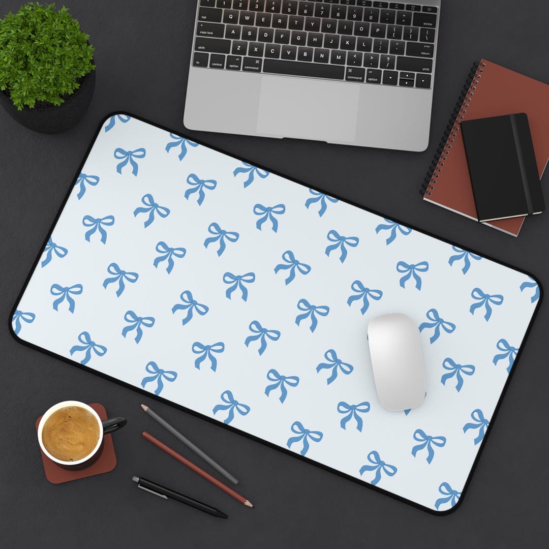 Preppy Desk Mat, Blue Ribbon Desk Pad for Home Office, Cute Workspace ...