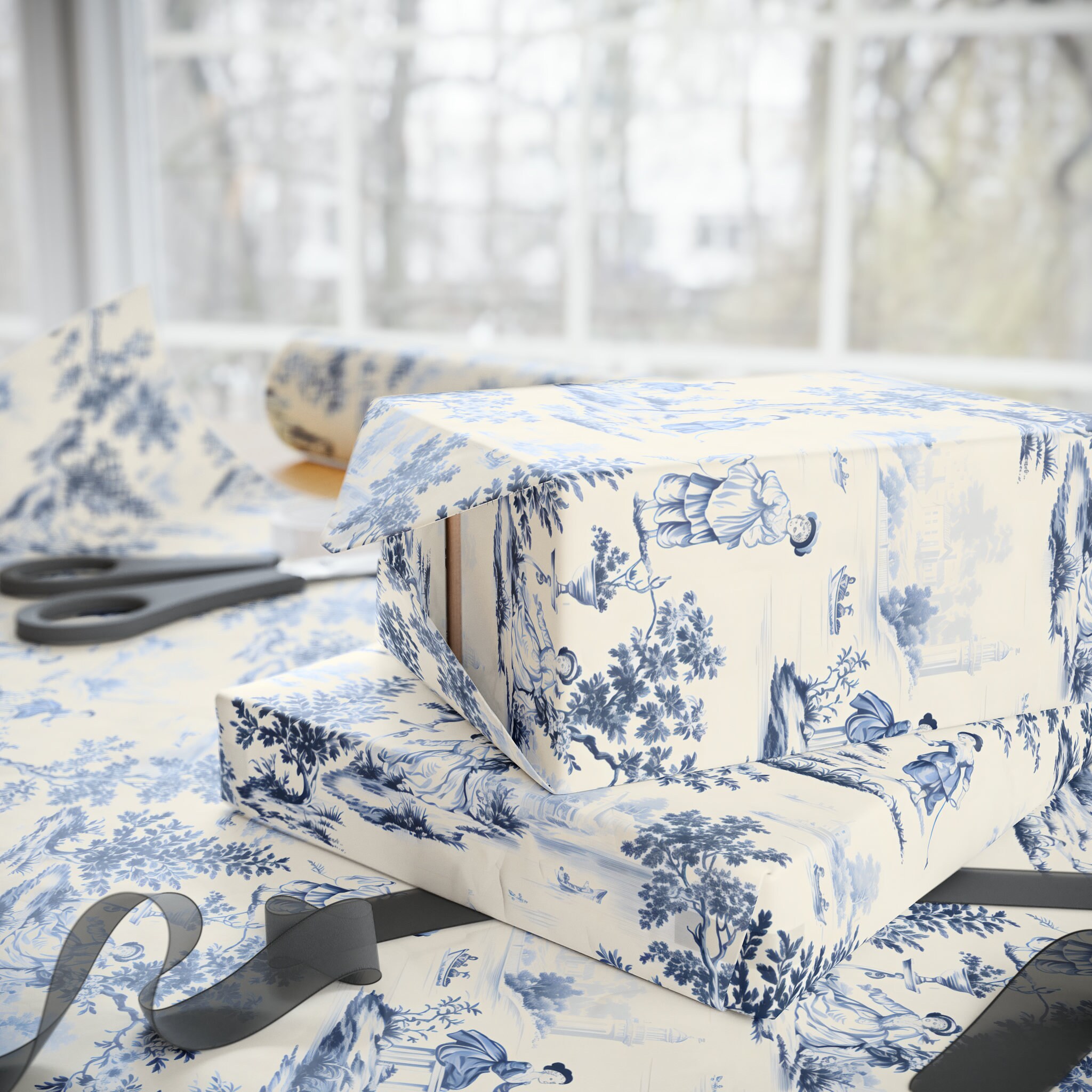 French Toile Wrapping Papers, Blue Toile De Jouy Gift Wrap, Toile Paper ...