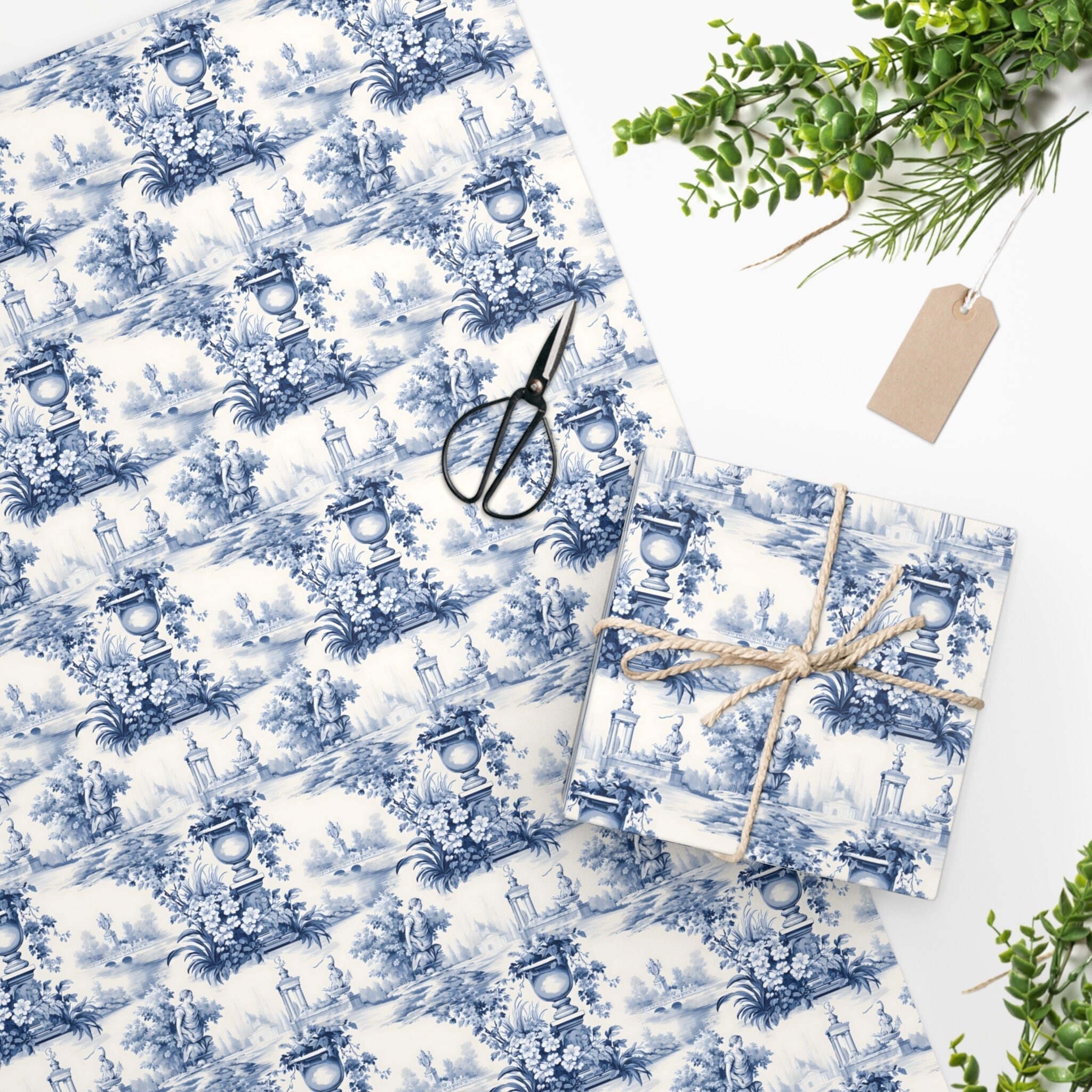 French Toile Wrapping Paper, Blue Chinoiserie Paper Roll, Shabby Chic ...