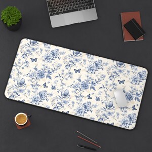 Blue Toile Desk Mat, Preppy Floral Home Office Decor, Teen Girl Bedroom ...