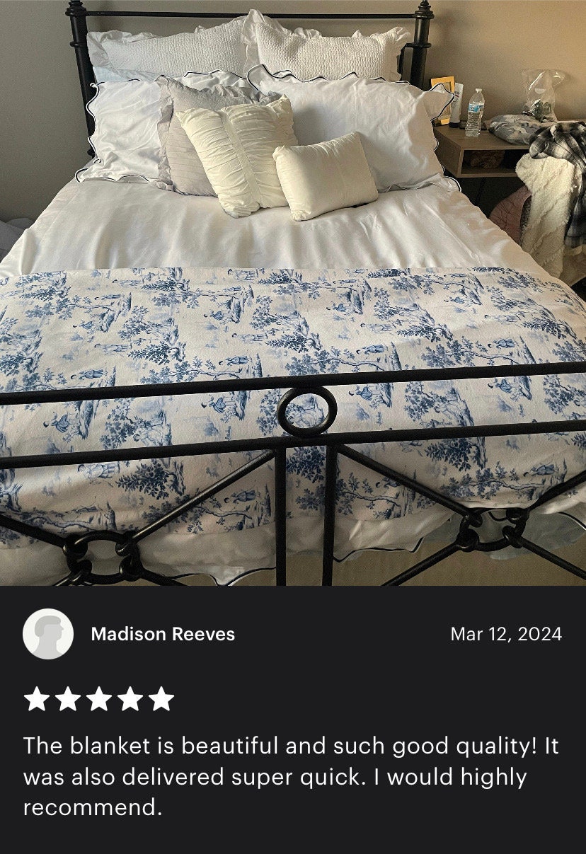 Blue Toile Bedding Set With Toile De Jouy Blanket and Matching Pillow ...