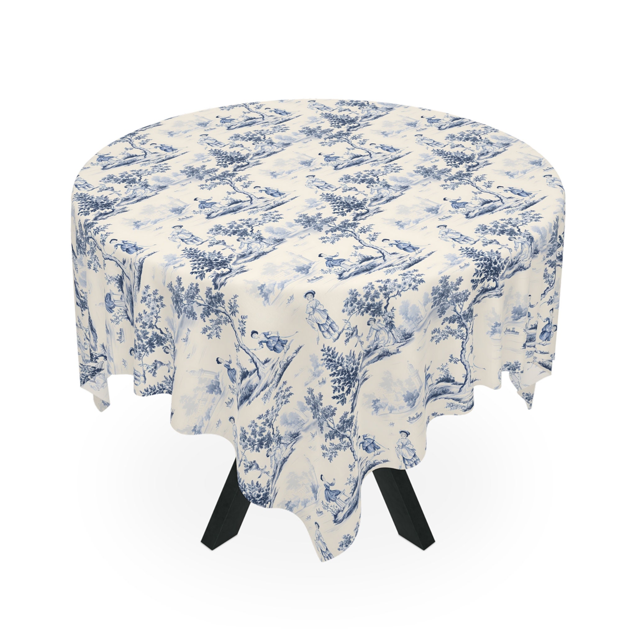 French Toile Tablecloth, Blue Toile Round Table, Blue Chinoiserie Table ...