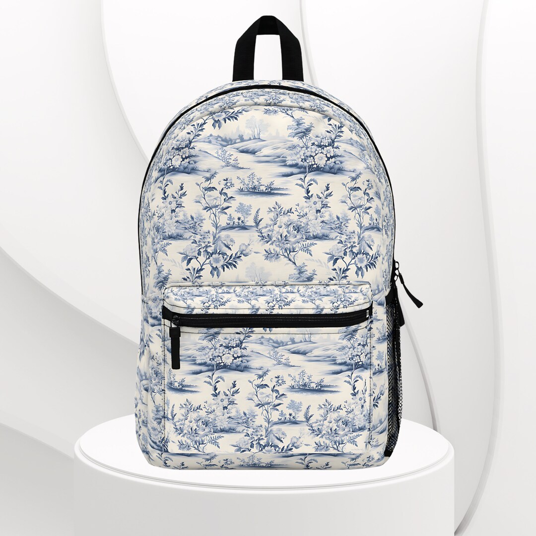 French Blue Toile Backpack, Cute Floral Girls Backpack, Aestethic ...