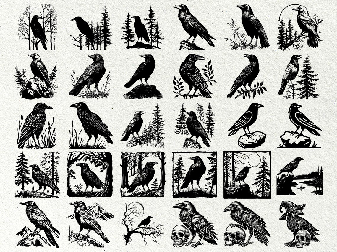 Raven on Tree Branch Svg / Crow Bird Svg Wood Cut / Crow Silhouette ...