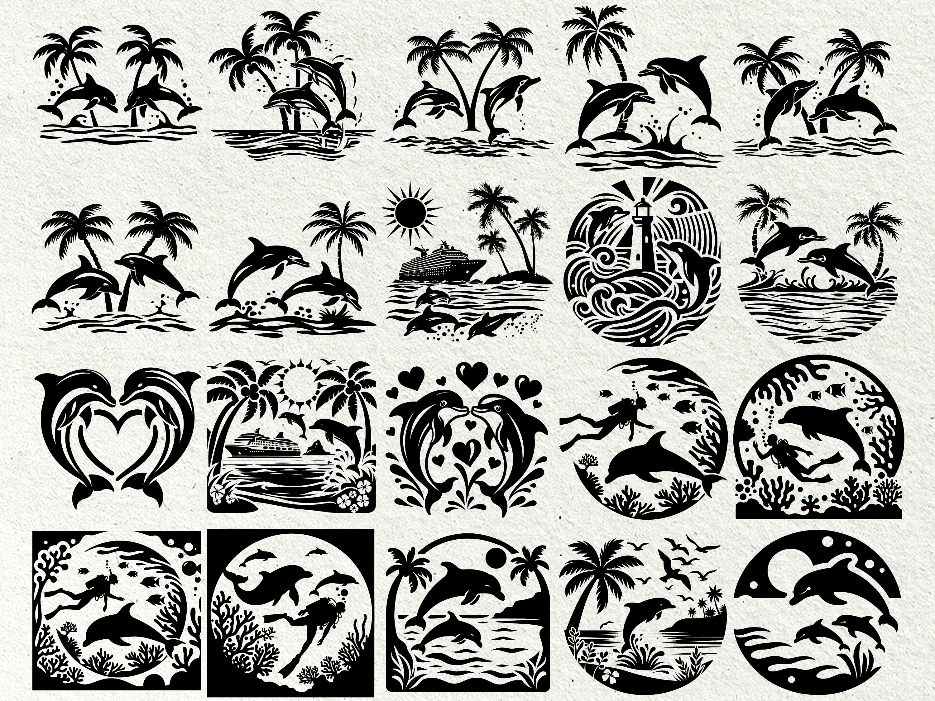 Dolphins Svg Bundle / Beach Scene Svg / Dolphin Palm Tree Sunset ...