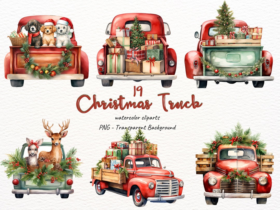 Christmas Red Truck Clipart / Watercolor Christmas Truck Clipart ...