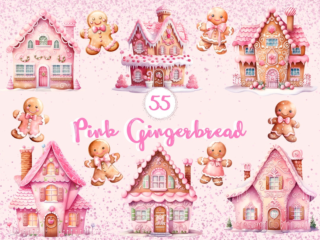 Gingerbread House Clipart / Pink Christmas Watercolor Clipart ...