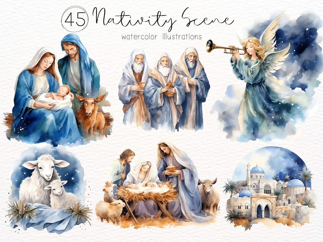 Nativity Scene Watercolor / Manger Scene Clip Art / Christmas Nativity ...