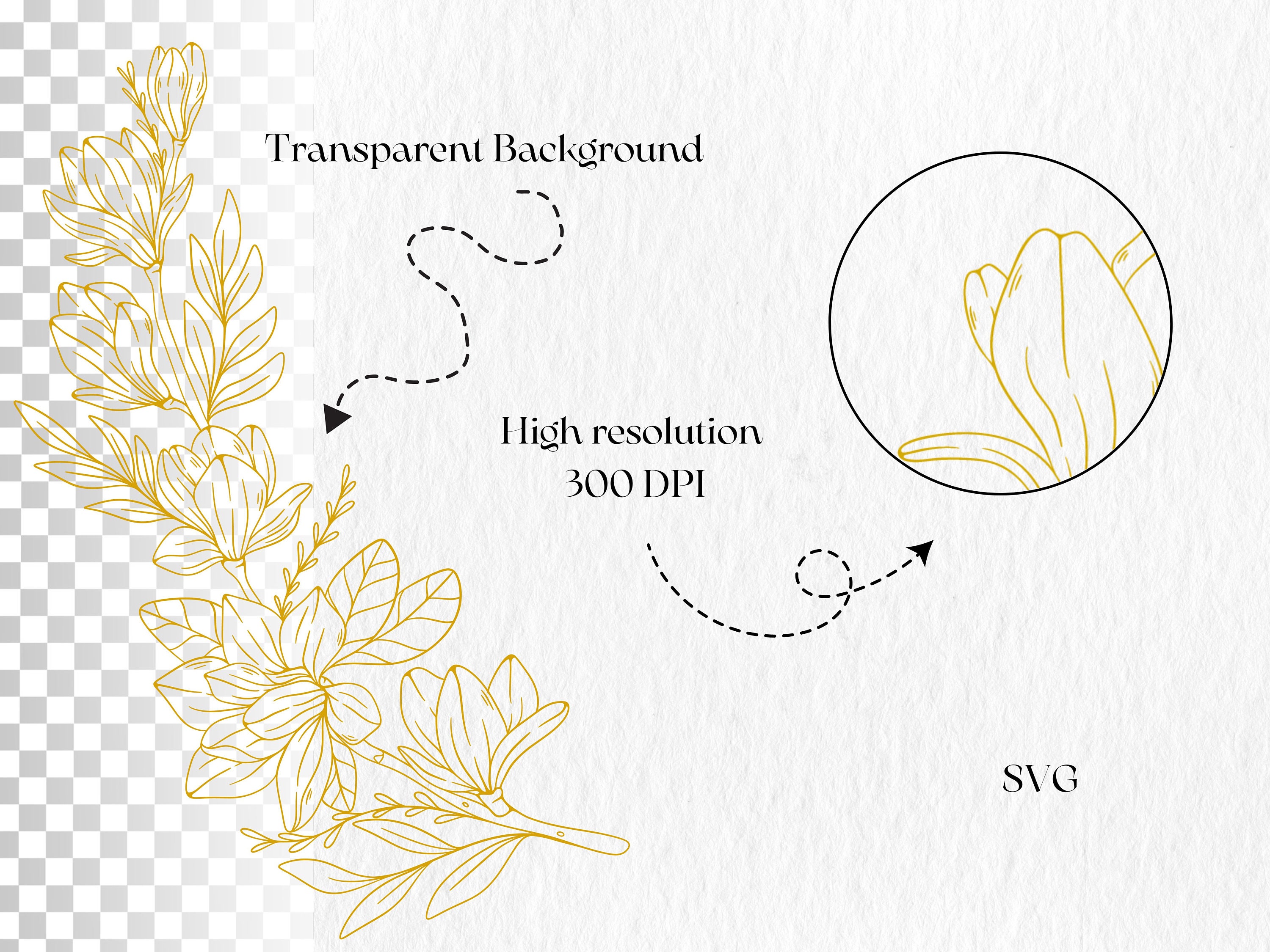 Gold Wreath Clipart / Gold Line ART Flowers / Floral Arrangement PNG ...