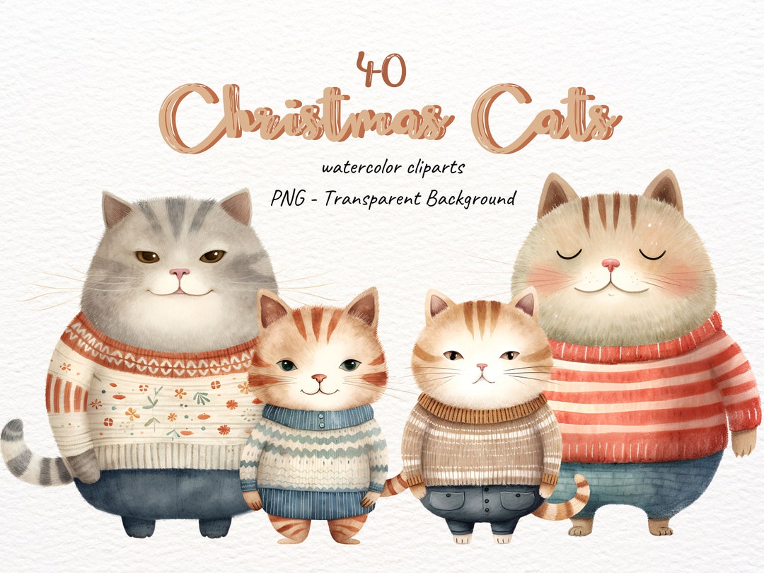 Christmas Cat Clipart / Fat Cat in Sweater PNG / Cute Festive Cats Clip ...
