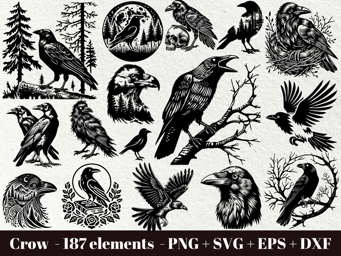Raven on Tree Branch Svg / Crow Bird Svg Wood Cut / Crow Silhouette ...