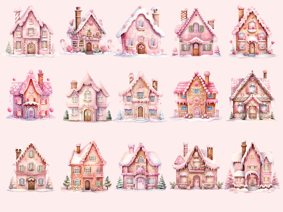 Gingerbread House Clipart / Pink Christmas Watercolor Clipart ...