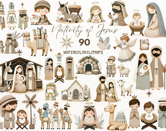 Watercolor Nativity Scene Clipart Bundle, Christmas Theme PNG Files ...
