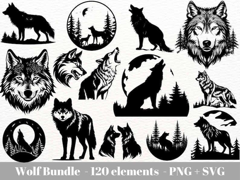 Bundle svg loup / loup hurlant à la lune svg / svg animal sauvage ...