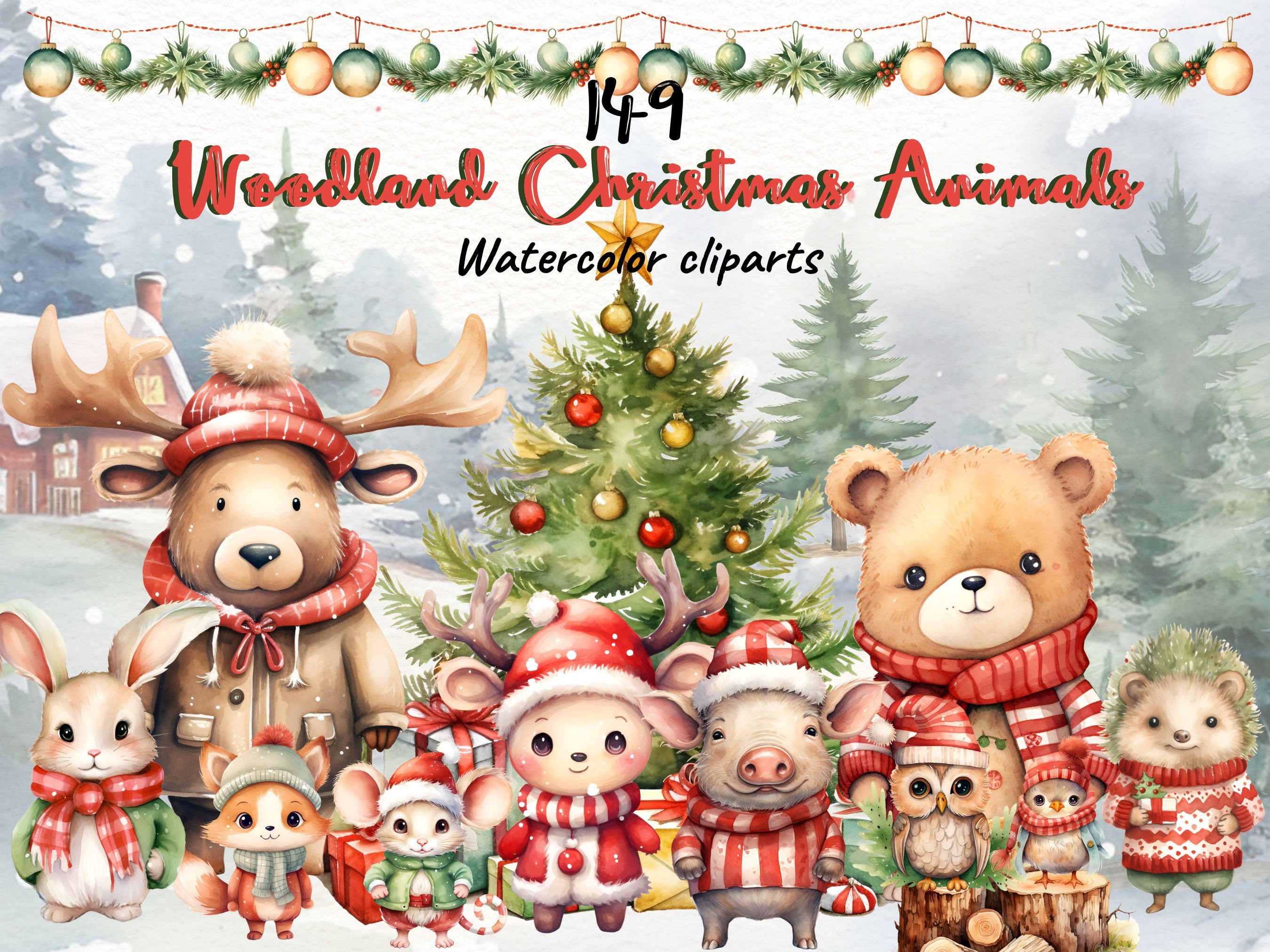 Christmas Woodland Animals Clipart / Christmas Illustration Digital ...