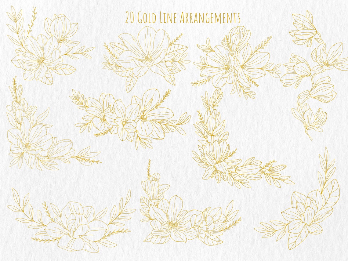 Gold Wreath Clipart / Gold Line ART Flowers / Floral Arrangement PNG ...