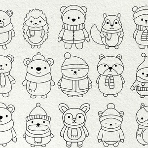 Christmas Woodland Animals SVG / Winter Line Animals Clipart / Black ...