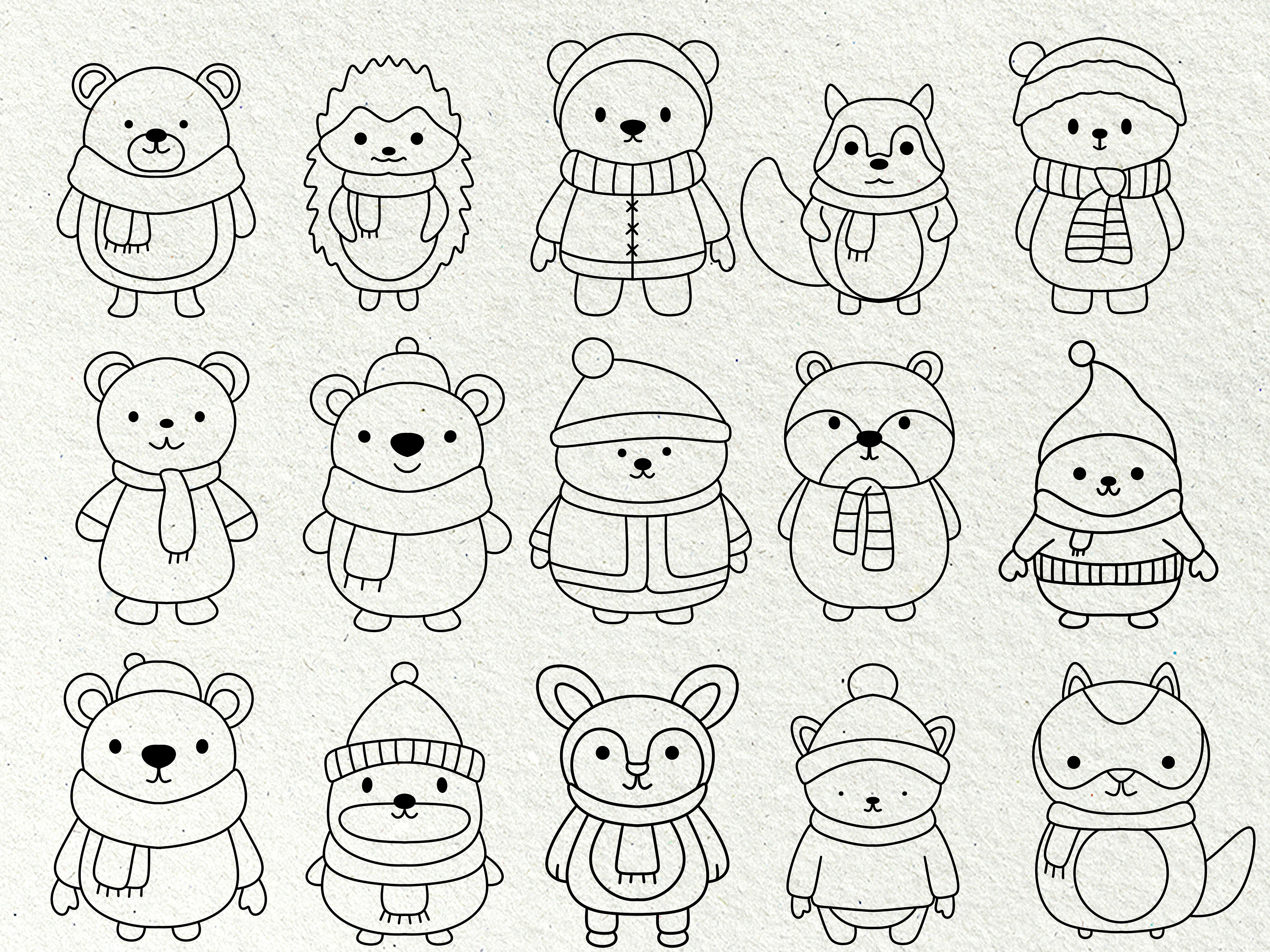Christmas Woodland Animals SVG / Winter Line Animals Clipart / Black ...