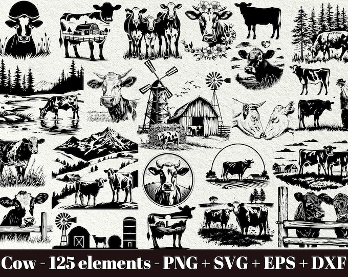 Cows in the Pasture Scene PNG DXF SVG, Cow Svg, Cows Svg, Cow Clipart ...