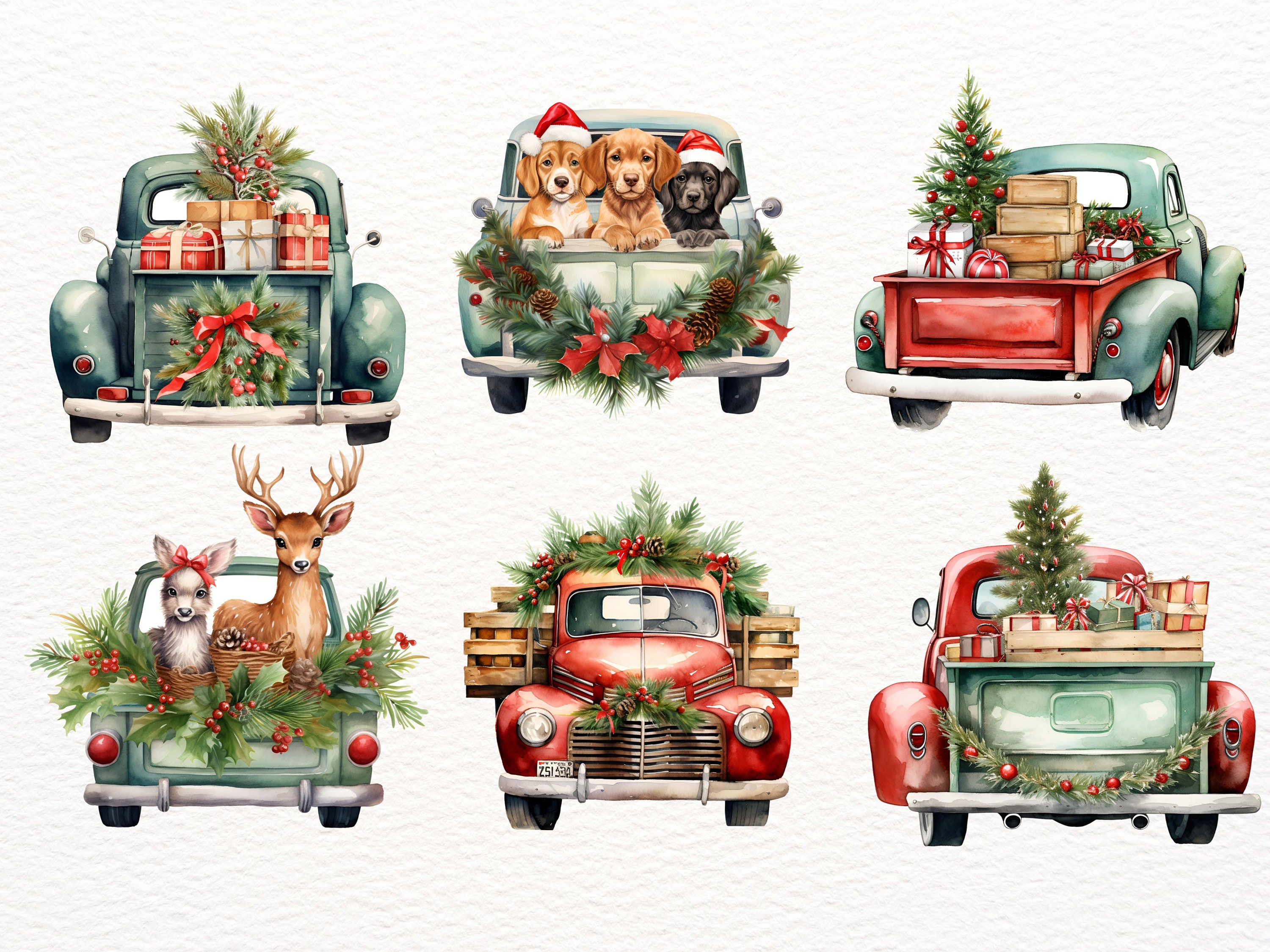 Christmas Red Truck Clipart / Watercolor Christmas Truck Clipart ...