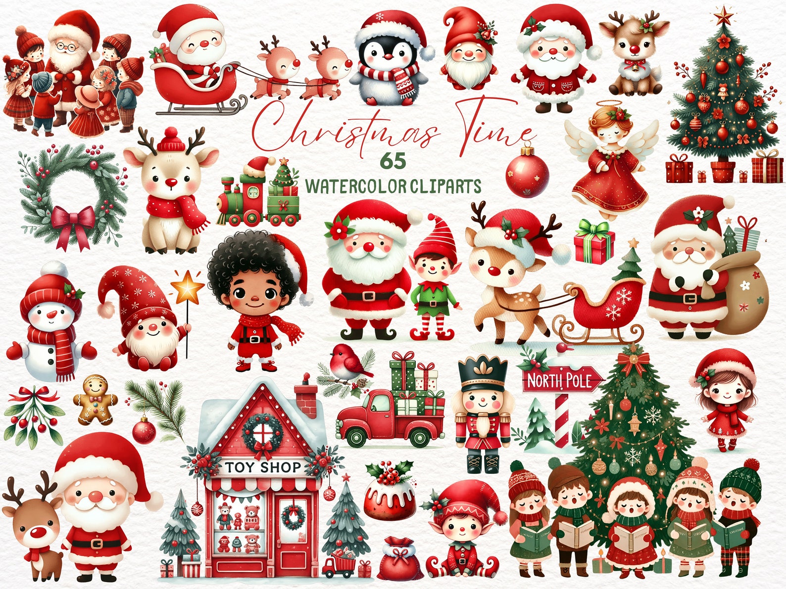 Cute Christmas Watercolor Clipart / Santa's Village Clipart / Cute ...