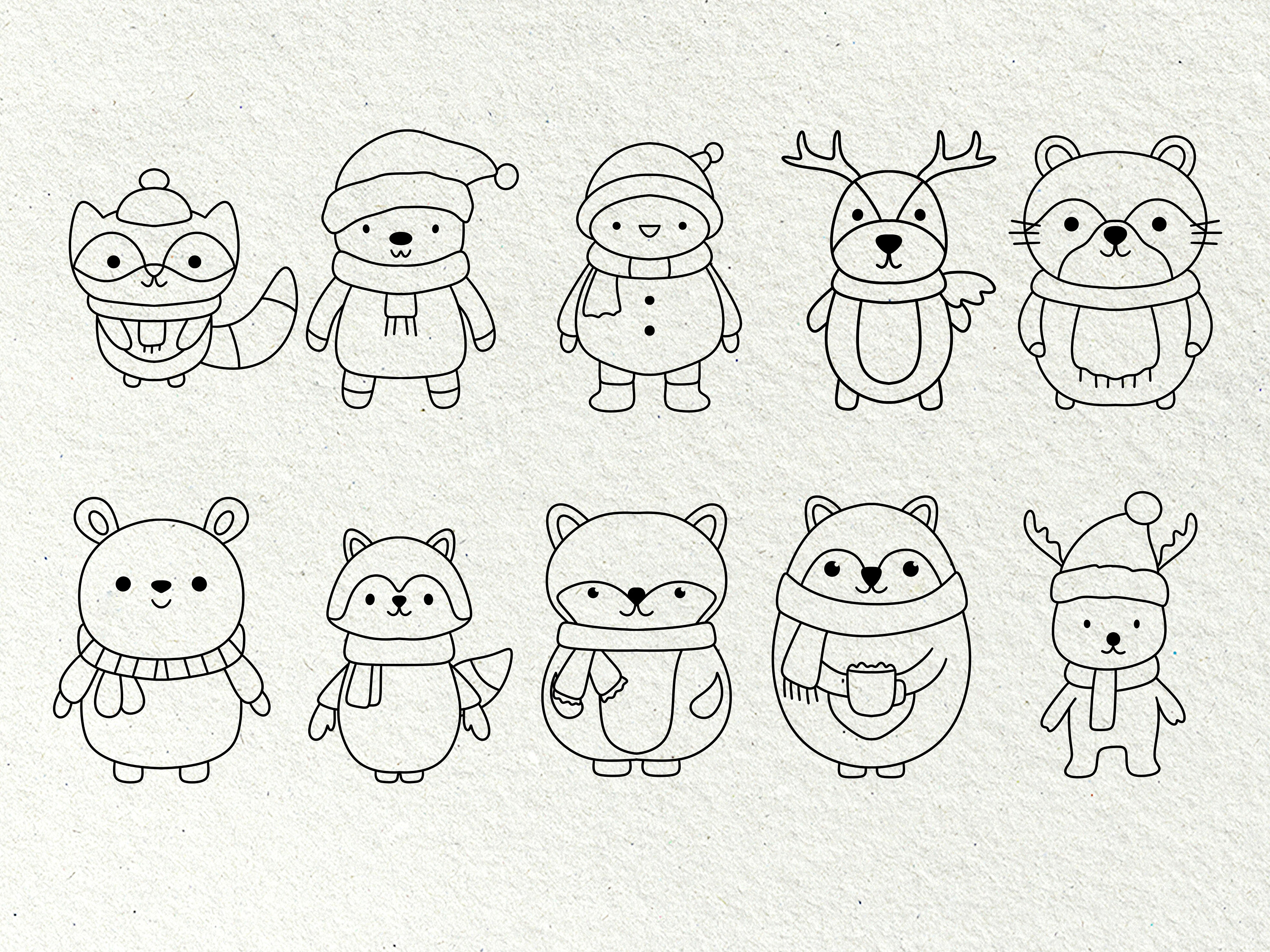 Christmas Woodland Animals SVG / Winter Line Animals Clipart / Black ...