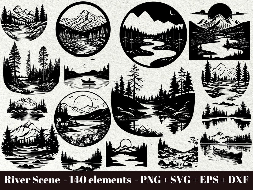 River Scene Svg / Landscape Svg Wood / River Svg File / Mountain and ...