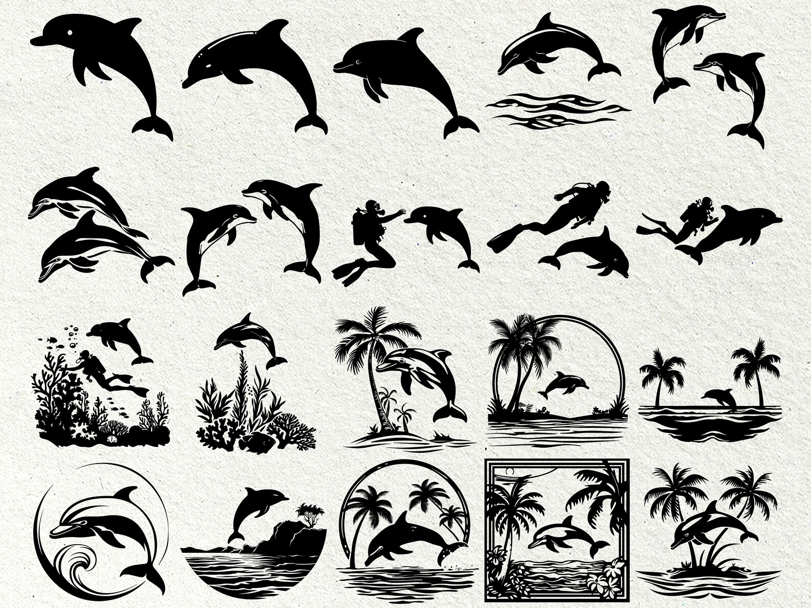 Dolphins Svg Bundle / Beach Scene Svg / Dolphin Palm Tree Sunset ...