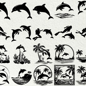 Dolphins Svg Bundle / Beach Scene Svg / Dolphin Palm Tree Sunset ...