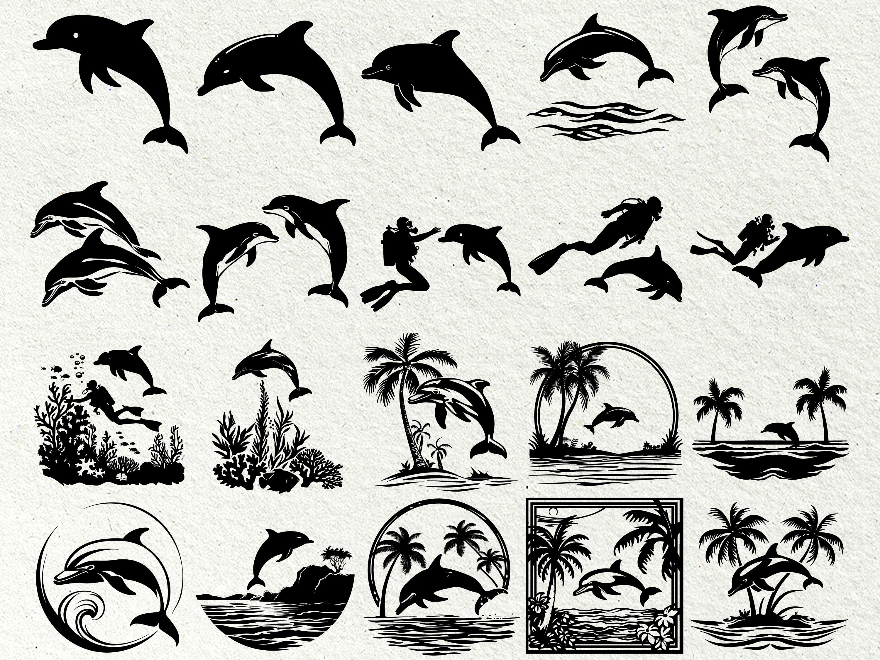 Dolphins Svg Bundle / Beach Scene Svg / Dolphin Palm Tree Sunset ...