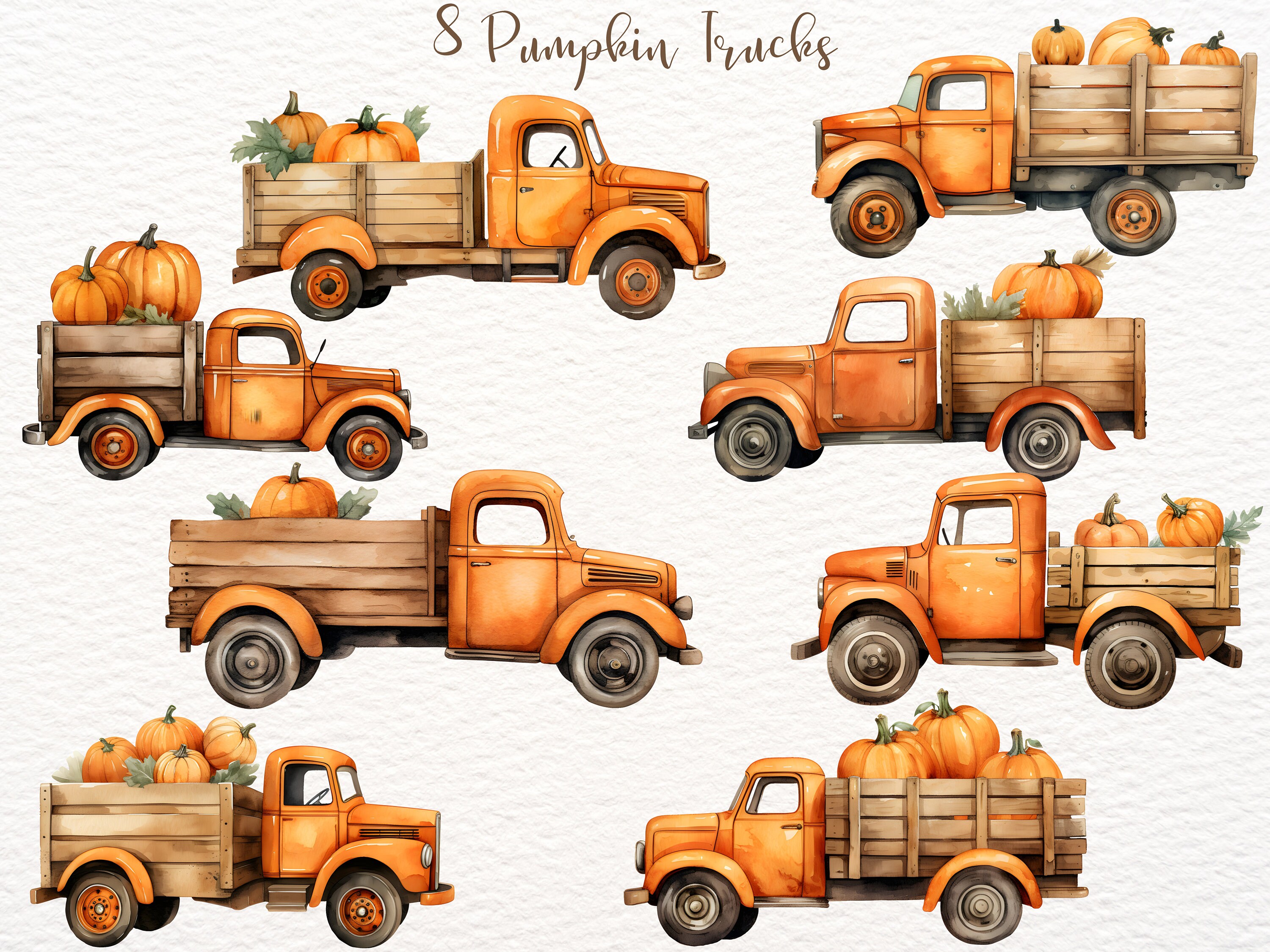 8 Pumpkin Truck Clipart / Watercolor Pumpkin Truck / Fall PNG Bundle ...