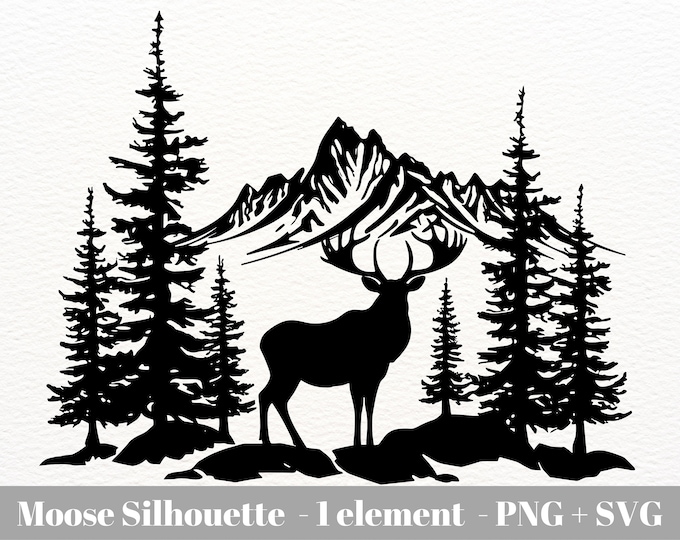 Detailed Moose Svg File Cricut, Moose Silhouette With Forest, Mountain ...