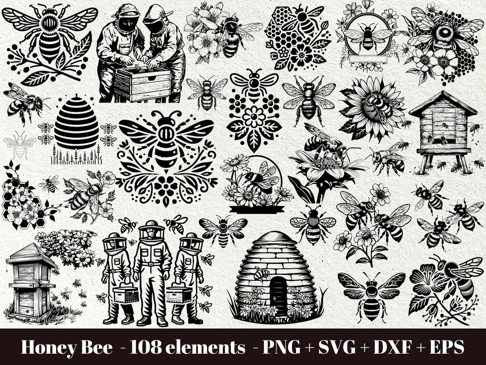 Bee Svg Bundle / Bee and Flower Svg / Honey Bee Black and White ...