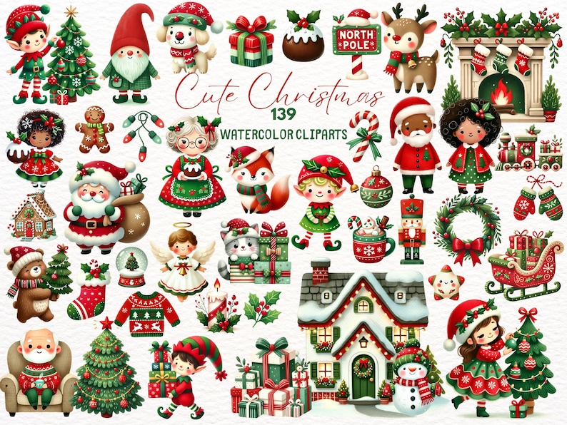 Cute Christmas Watercolor Clipart Bundle / Cute Santa Claus Clipart ...