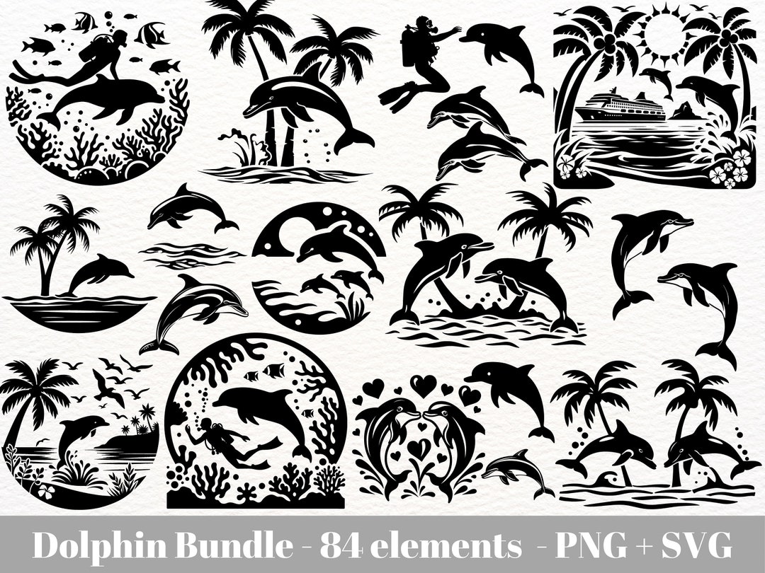 Dolphin Svg Bundle / Beach Scene Svg / Dolphin Palm Tree Sunset ...